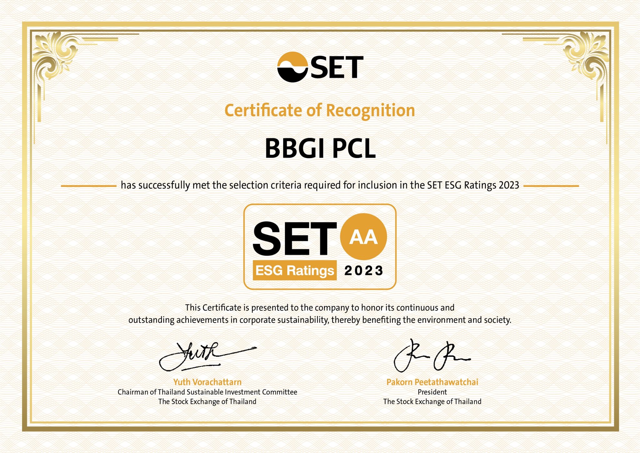 BBGI รับผลการประเมินหุ้นยั่งยืน “SET ESG Ratings 2023” ระดับ “AA” - www.ten-news.com